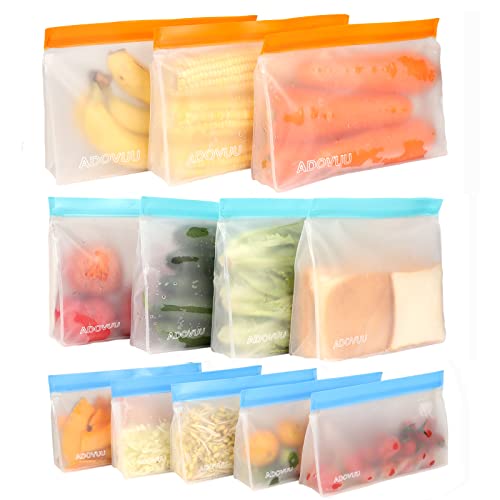 Reusable Food Storage Bags Stand Up, 12 Pack BPA Free Freezer Bags (3 Large Reusable Gallon bags+4 Leak-proof Reusable Sandwich Bags+ 5 Food Grade Reusable Snack Bags Silicone Lunch bags for Marinate Food Fruit Travel Home Organization