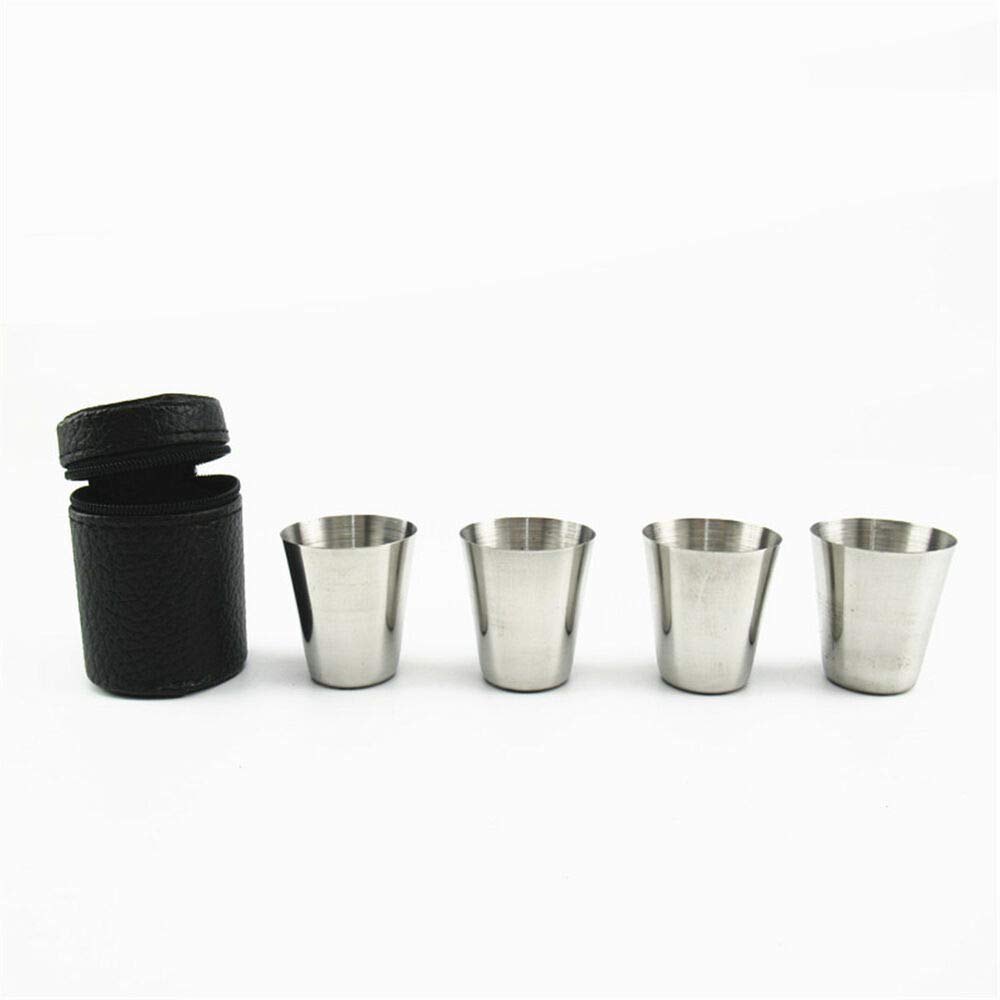 KOZOREN Stainless Steel Shot Glass Cup Drinking Mug with Black PU Leather Cover Case, 1oz (Set of 4)