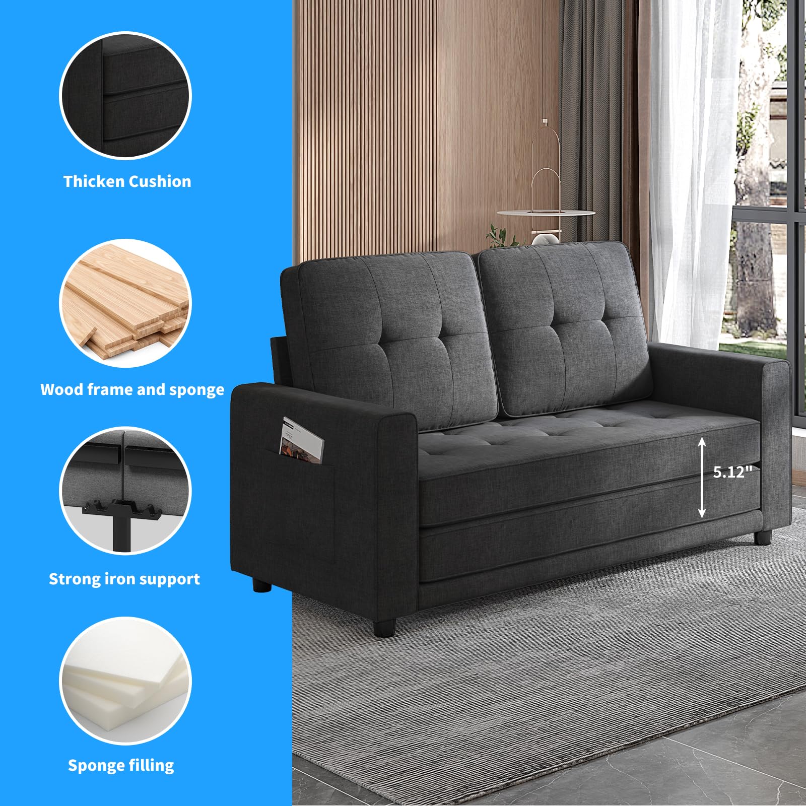 PUREMIND Floor Sleeper Sofa Bed, Upholstery 2-in-1 Pull Out Couch Bed, Loveseat Folding Futon Sofa Bed with Cushion, Convertible Floor Gaming Couch Bed for Living Room, Apartment, Office