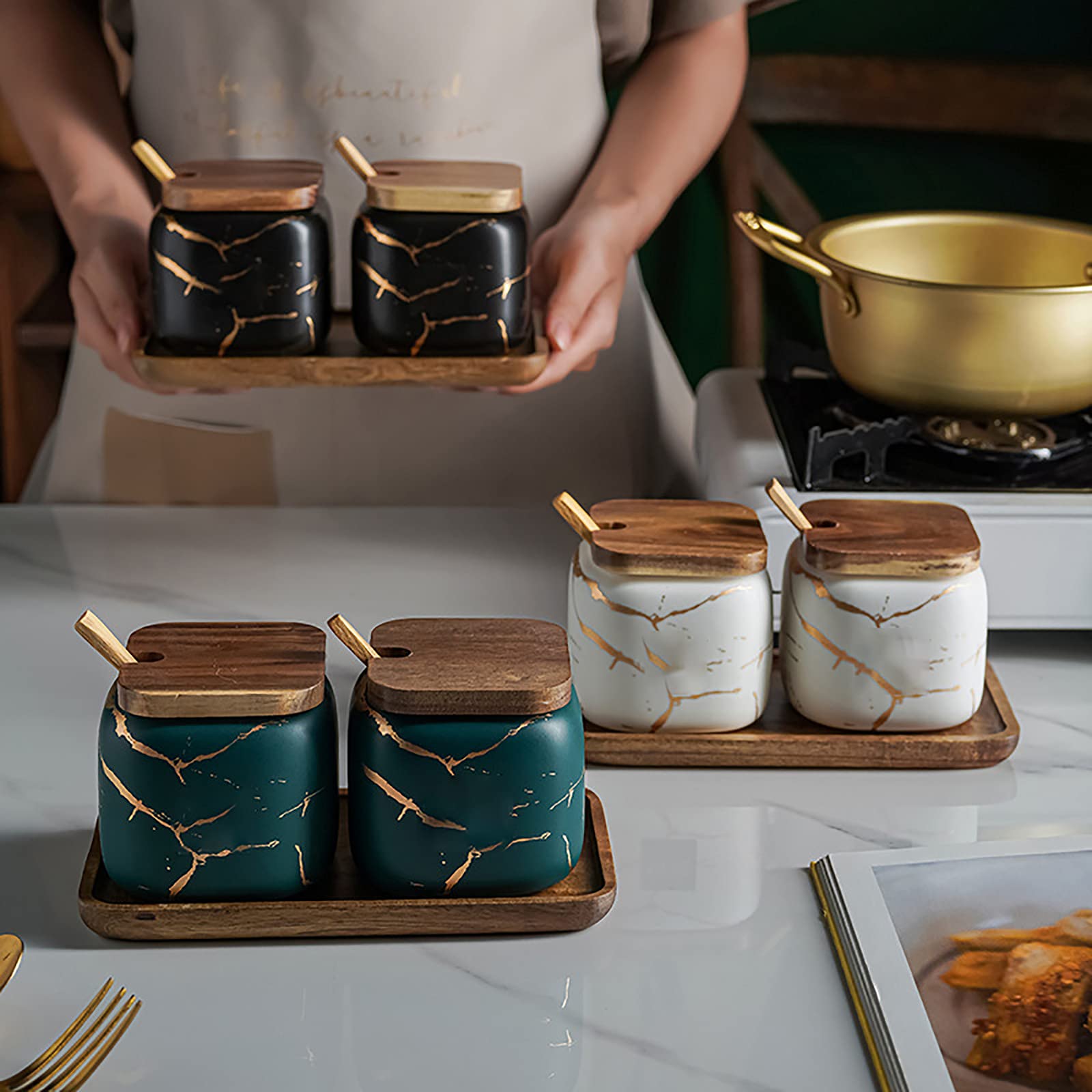 JFFLYIT 2 Sets of Marble Ceramic Sugar Bowl Ceramic Seasoning Jars with Wooden Lid and Wooden Spoon(Black)