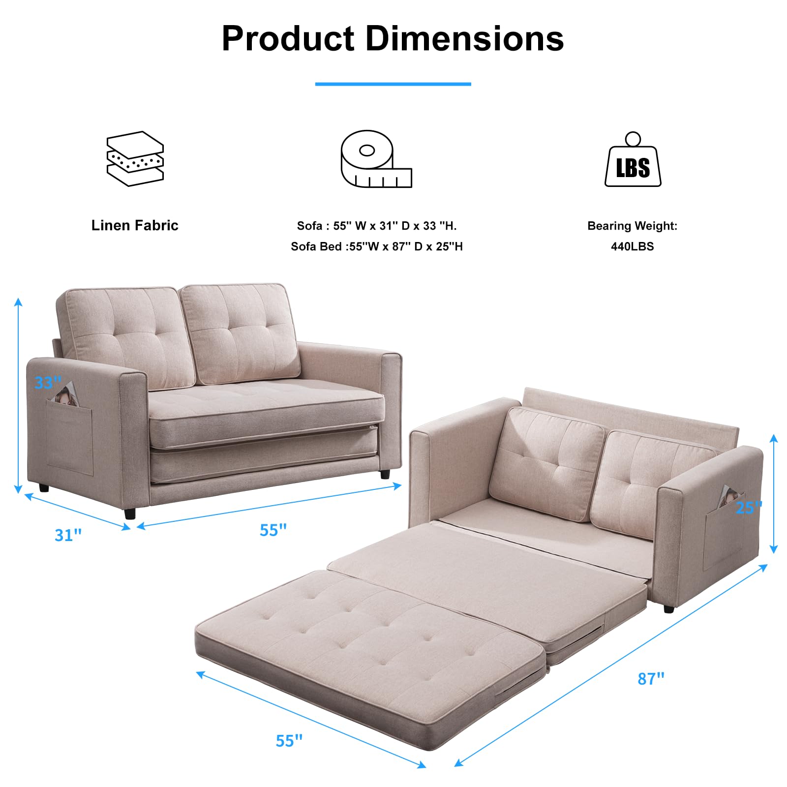 PUREMIND Loveseat Sleeper Sofa Bed, Linen 2-in-1 Pull Out Couch Bed, Upholstery Futon Sofa Bed with Cushion, Convertible Floor Couch with Side Pockets for Living Room, Apartment, Office