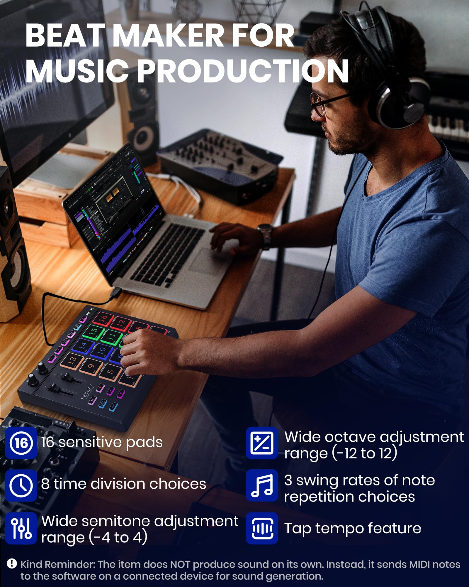 Fesley MIDI Controller Professional, Beat Maker Machine with 16 Beat Pads, MPC with 2 Assignable Fader & Knobs, Portable MIDI Pad Controller, Beat Machine for Music Making