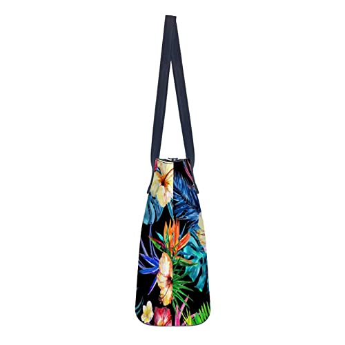 Floral Bloom Flowers Tropical Pattern Women's Tote Bag PU Leather Shoulder Bag Handbags Purse For Work Shopping Travel
