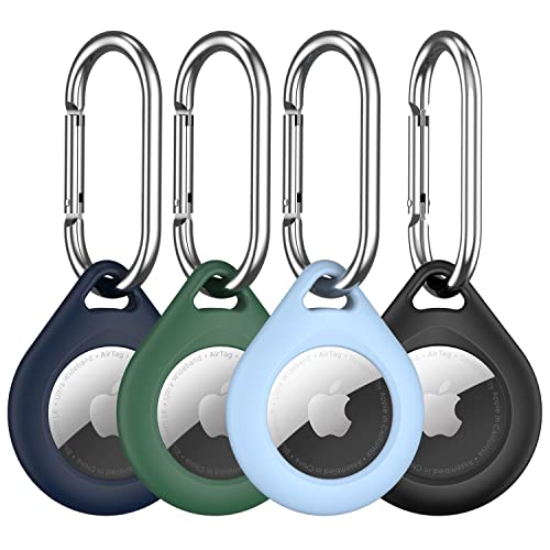 R-fun Airtag Holder,4 Packs Apple Airtags with Metal Keychain, Multi-Color Protective Silicone Airtag Case Key Ring for Luggage, Dog Collar, Keys, Anti-Scratch Protective - (Black,Blue,Sky Blue,Green)