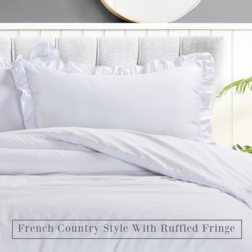 Tyfitb 100% Washed Cotton Duvet Cover Set, 3 Pieces Linen Feel Textured Soft Comfortable Breathable Bedding Set with Button Closure and Ruffled Fringe for All Season, Solid White, King, No Comforter