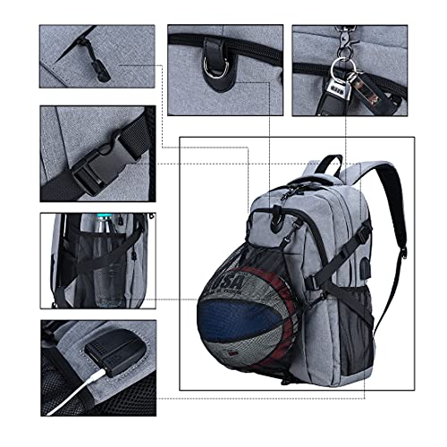Widfre Basketball Backpack with USB Charging Port, Durable Men's Laptop Backpack for Outdoor with Ball Compartment (Gray)