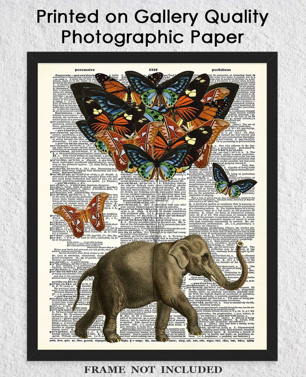 Elephant With Butterfly Balloons Dictionary Wall Art Print: Unique Room Decor for Boys, Men, Girls & Women - (8x10) Unframed Picture