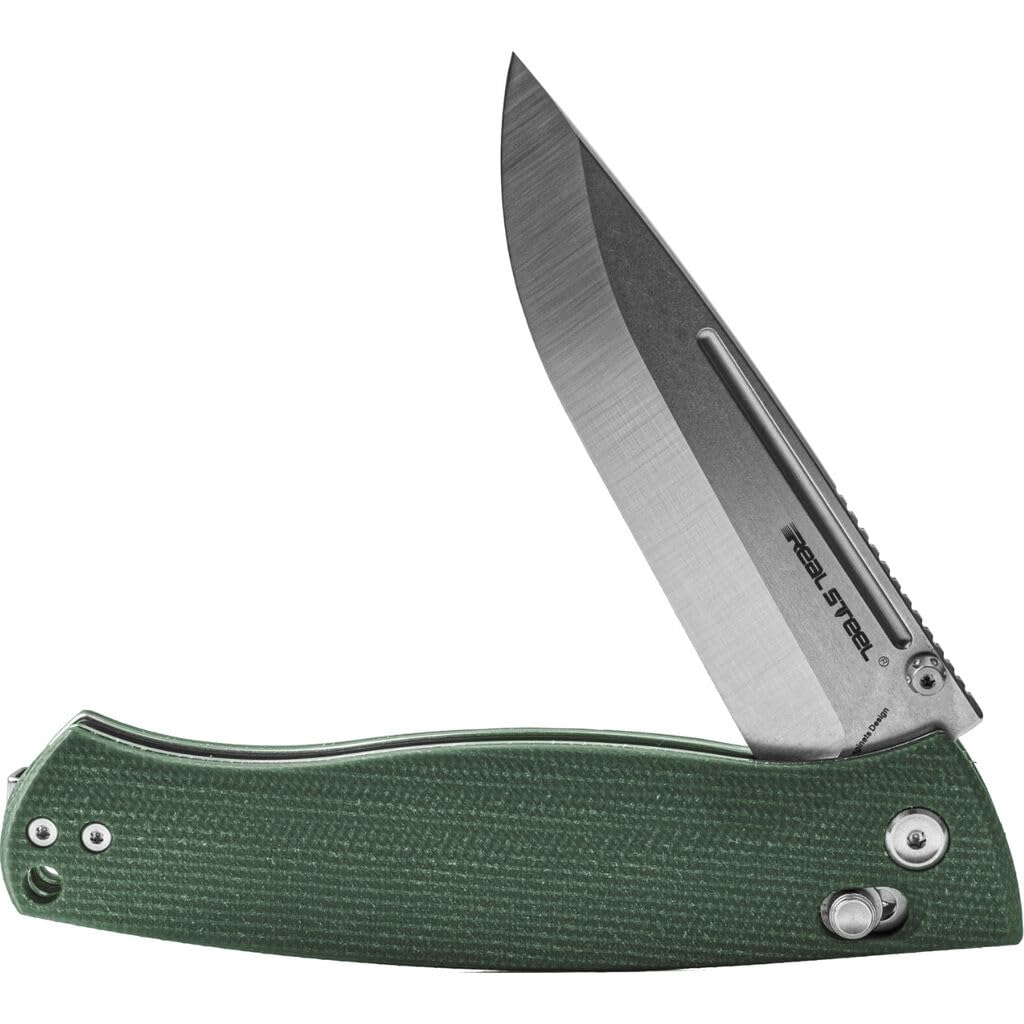 Real Steel Pathfinder Pocket Folding Knife - Scandi 14C28N Blade And Micarta Handle, Perfect for Everyday Tasks - Green