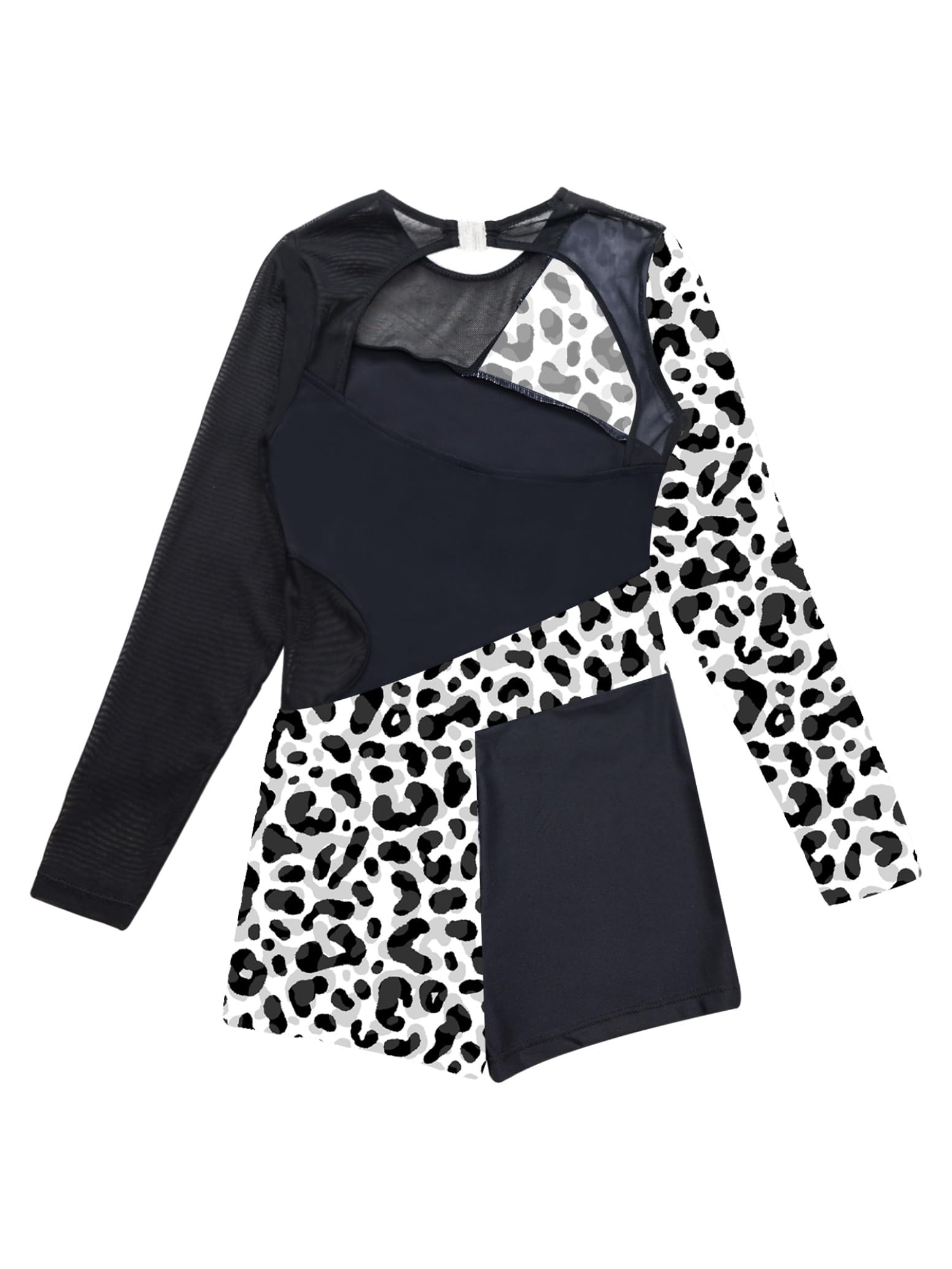 Haitryli Kids Girls One Piece Print Dancewear Long Sleeve See-through Mesh Patchwork Gymnastic Leotard Black 12 Years