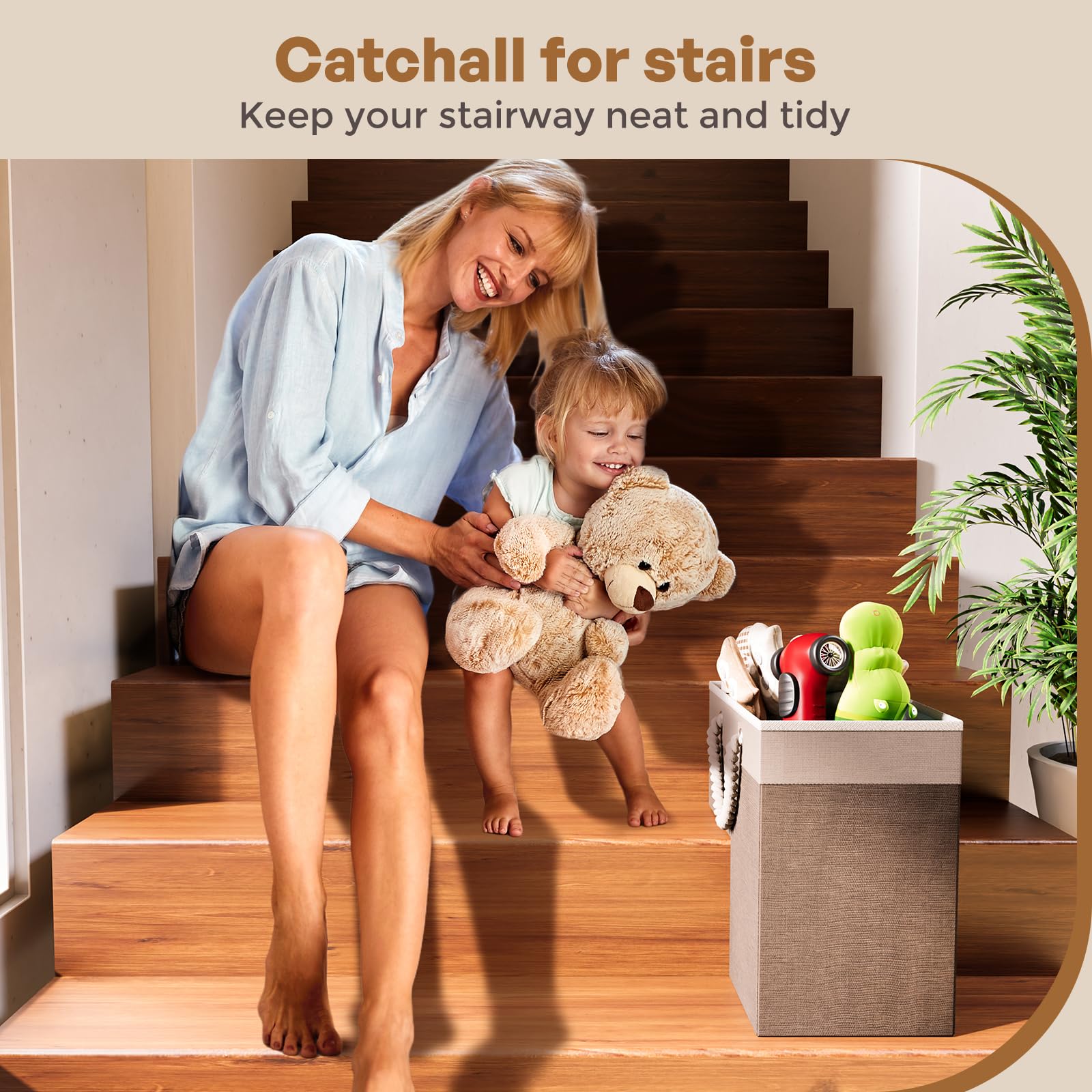 Puricon Stair Basket for Wooden Stairs, Stair Flax Step Storage Basket with Rope Handles Foldable Durable Staircase Storage Organizer for Home Carpeted Stairs -Grey,1 Pack