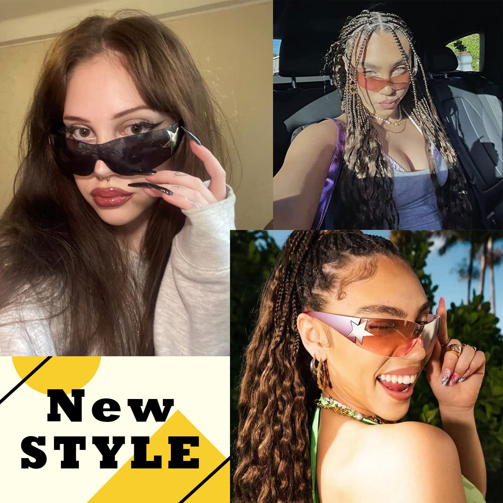 IOHLNG Y2K Sunglasses Rimless Wrap Around Oversized Sun Glasses Trendy Shield for Women Men UV Protection Fashion Black Frame Grey Lens