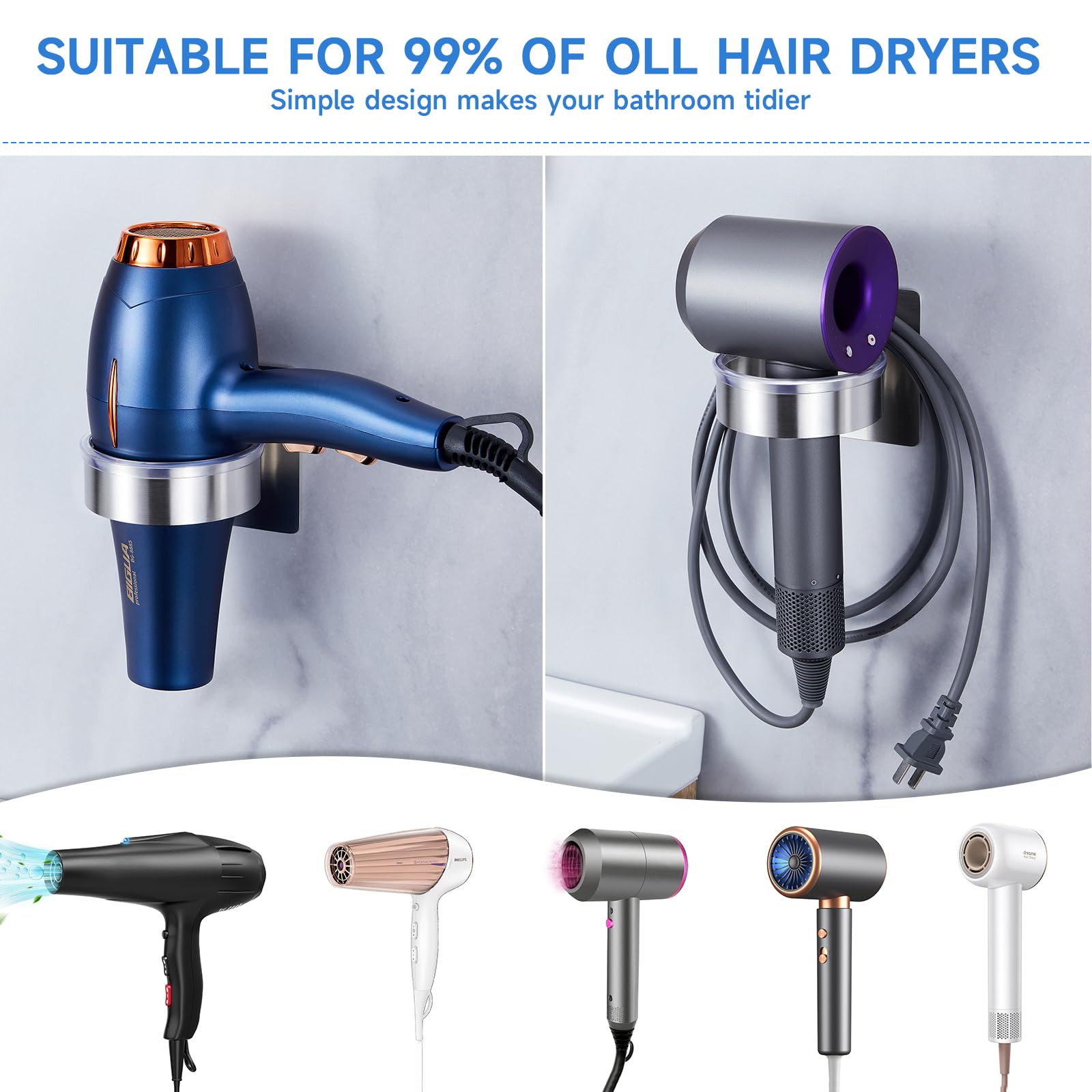 XILIMEN Hair Dryer Holder Wall Mounted, Bathroom Blow Dryer Holder, Stainless Steel Hair Blow Dryer Rack Organizer, Adhesive Hairdryer Holder for Bathroom Barber Shops, Hair Dryer Storage