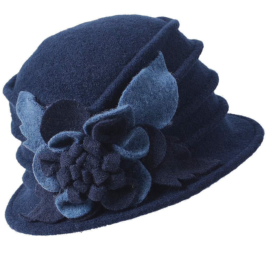 FORBUSITE Vintage Women Floral Wool Dress Cloche Winter Hat 1920s Navy Blue