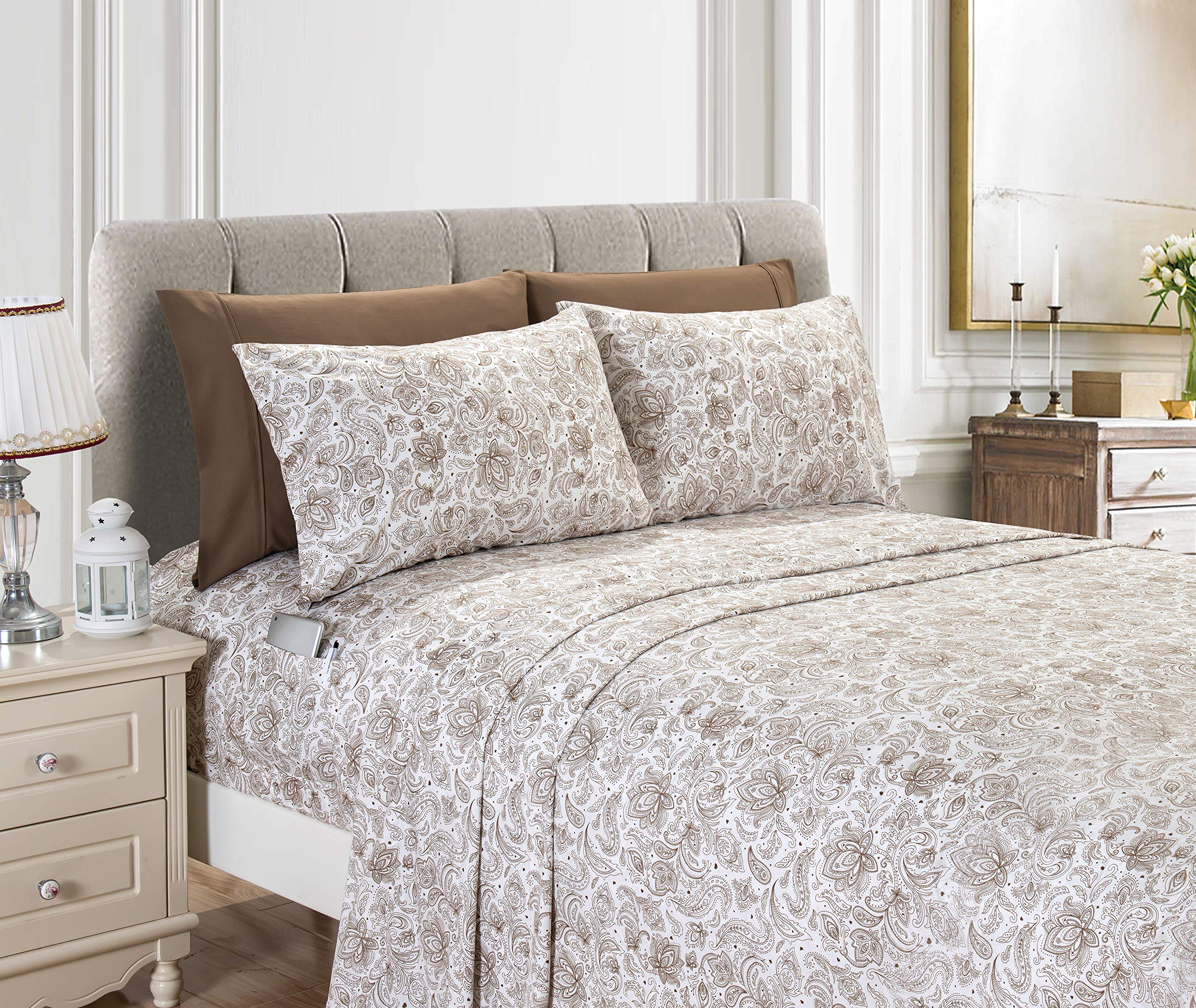 Elegant Comfort Amelia Paisley Printed 6-Piece Sheet Set, Deep Pocket 1500 Thread Count, Fade, Stain, and Wrinkle Resistant, Fitted Sheets with Smart Pockets, Paisley Sheet Set, King, Latte Taupe