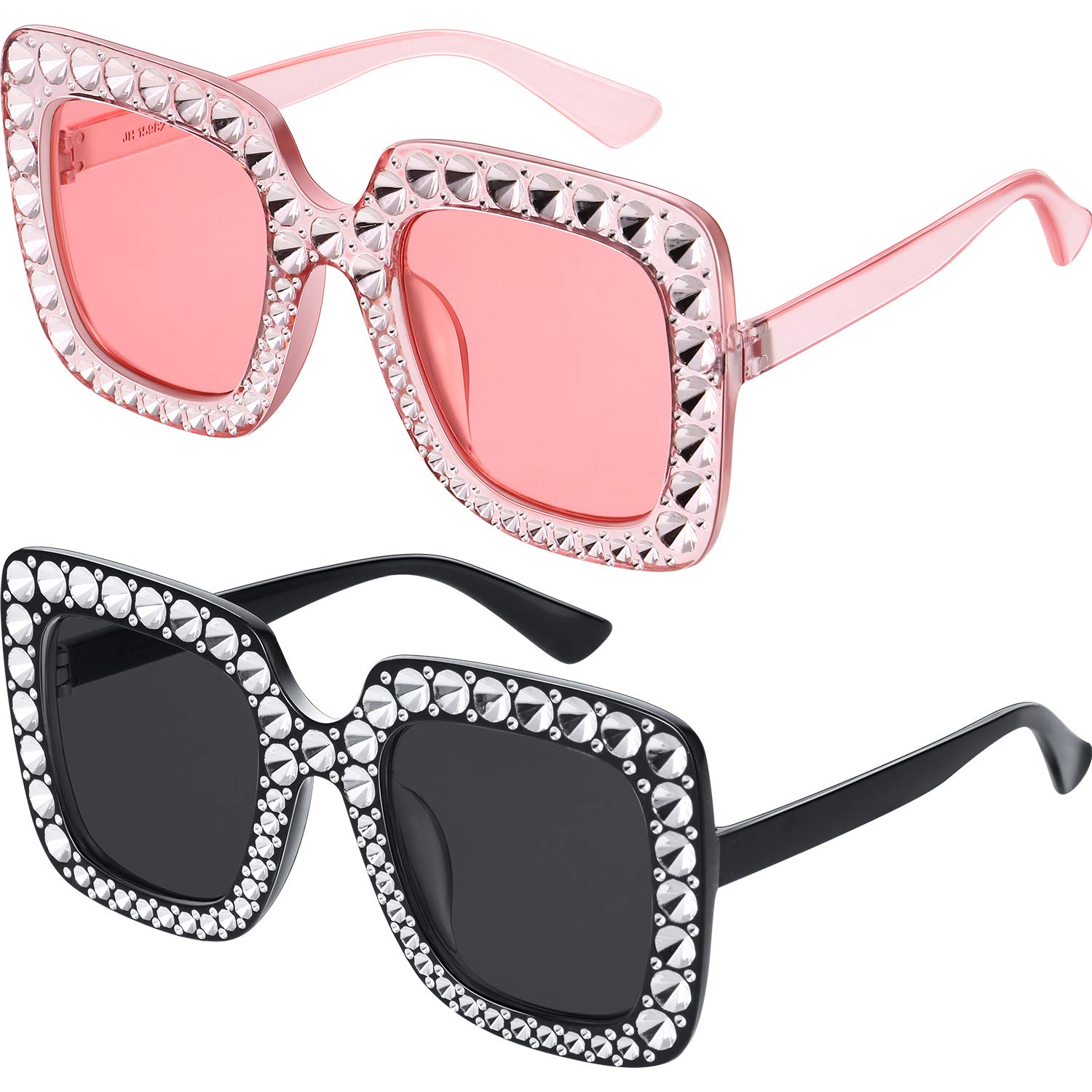 Frienda 2 Pieces Oversize Square Sparkling Sunglasses Retro Thick Frame Sunglasses (Clear Pink, Black)