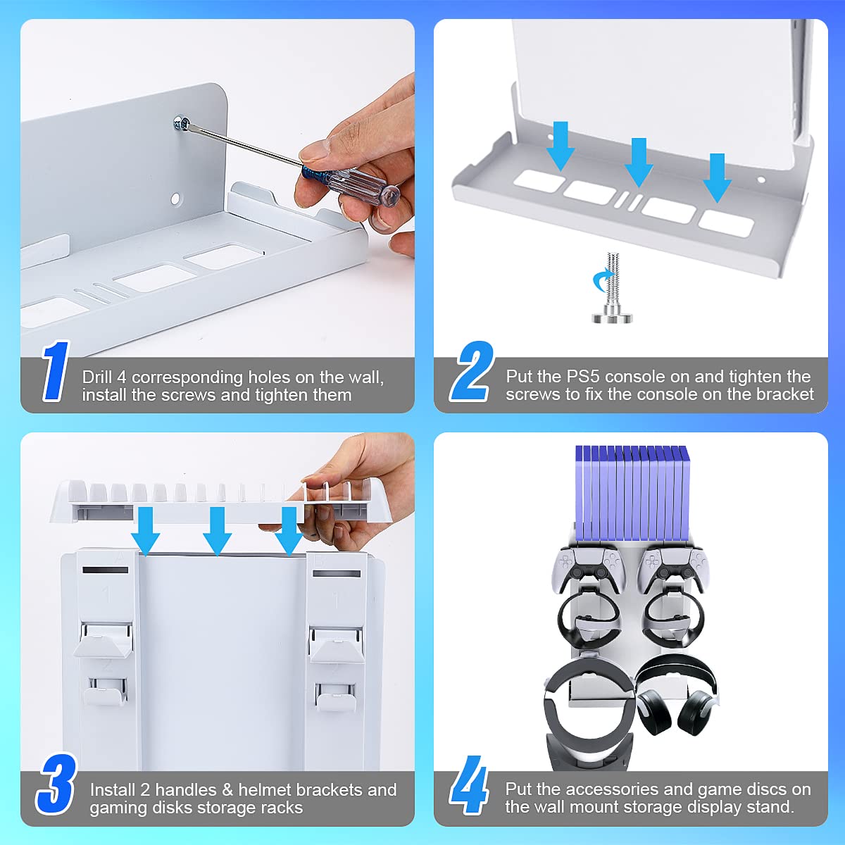 Jhua PS5 Wall Mount for Playstation 5 Wall Mount Sturdy Steel Wall Shelf for Playstation 5 Disc and Digital Edition 8-in-1 PS5 Wall Bracket Controller Holder Headphone Hanger Game Discs Storage Stand