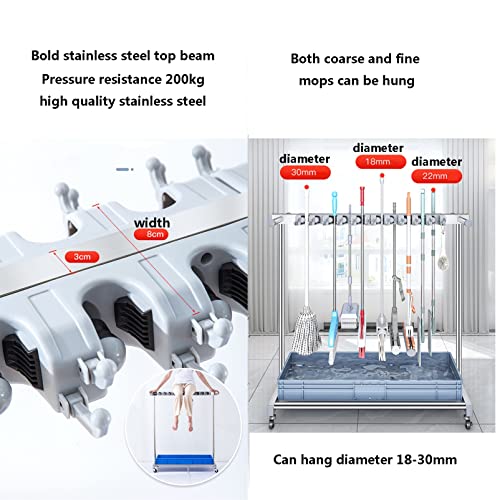 LOJOO Floor Standing Movable Mop Broom Holder Utility Racks, Put Wet mops Cleaning Tool Rack Stainless, Cleaning Tool Cart Storage, for Schools Hospitals Factories Hotels Restaurant