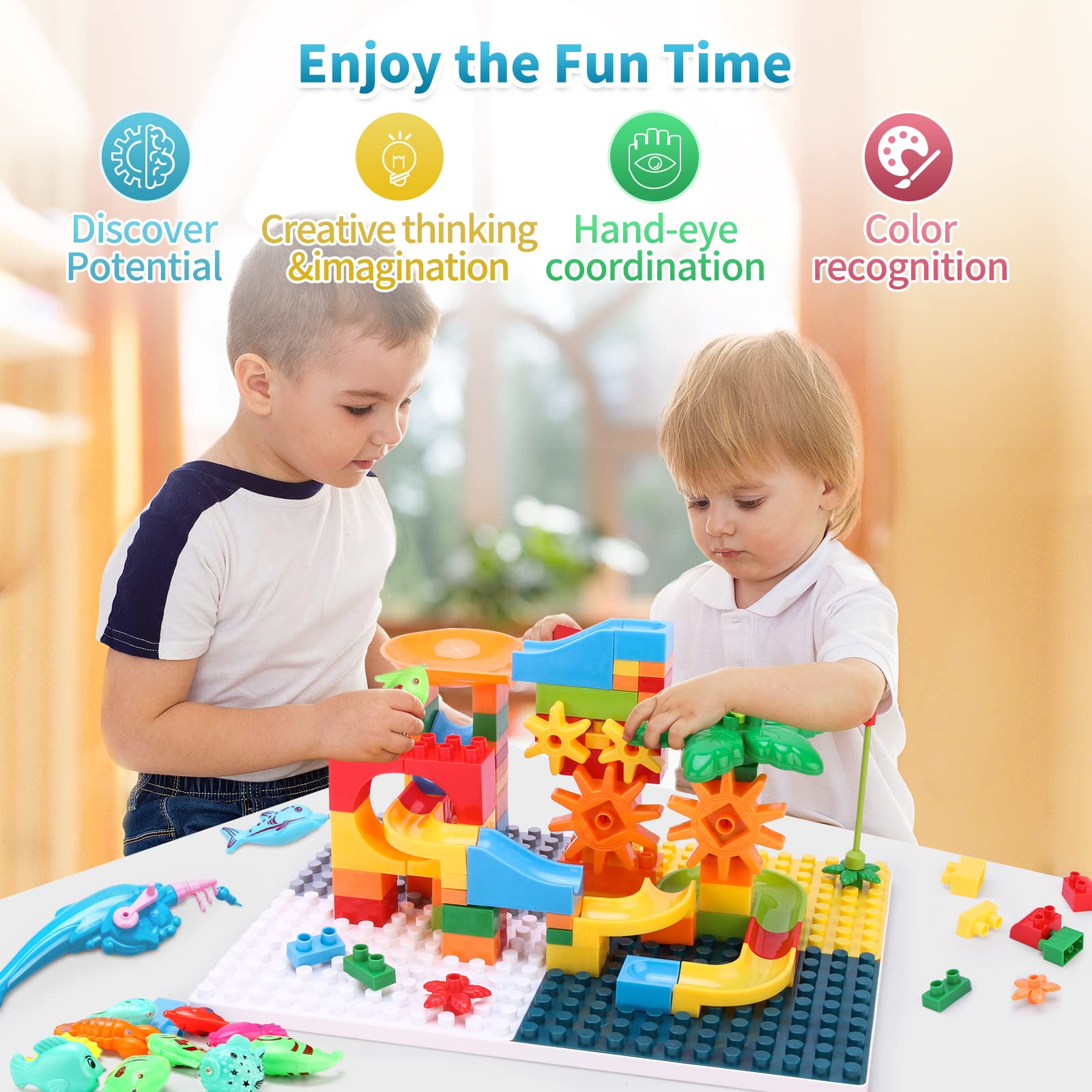JONEALA Double Sided Kids Activity Table Set, 5-in-1 Multi Play Sand Water Table Toys, 105pcs Marble Run Building Blocks Table for Toddlers Age 1 2 3 Boys Girls, Toy Storage & Adjustable Heighten