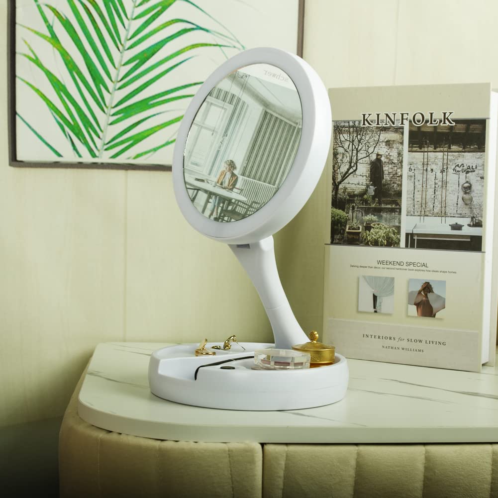 Softfree Lighted Folding Makeup Mirror, 1X/10X Magnification Double Sided Mirror, 5.9Inch LED Vanity Mirror for Travel, Home (White)