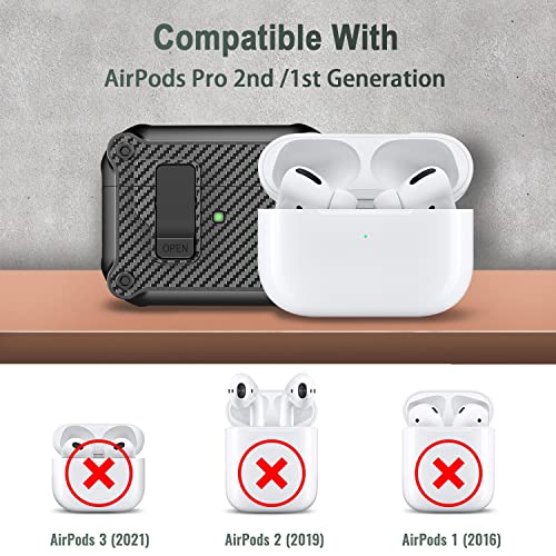 RFUNGUANGO AirPods Pro 2nd /1st Generation Case Cover, Automatic Pop-up Carbon Fiber Case with Secure Lock Clip, Full Body Shockproof Hard Shell Protective Case for AirPods Pro-Black