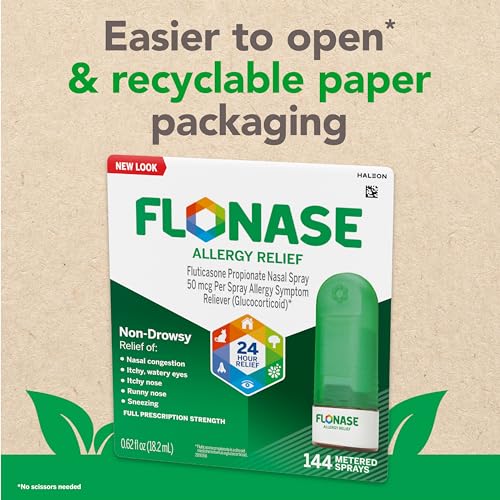 Flonase Allergy Relief Nasal Spray, 24 Hour Non Drowsy Allergy Medicine, Metered Nasal Spray - 144 Sprays- Fall and Seasonal Allergy Relief