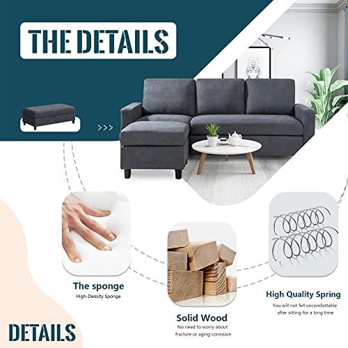 JY QAQA Convertible Sectional Sofa Couch with Long Storage Ottoman,L-Shaped Modular Couch with Modern Linen Fabric Wide Reversible Chaise for Small Space
