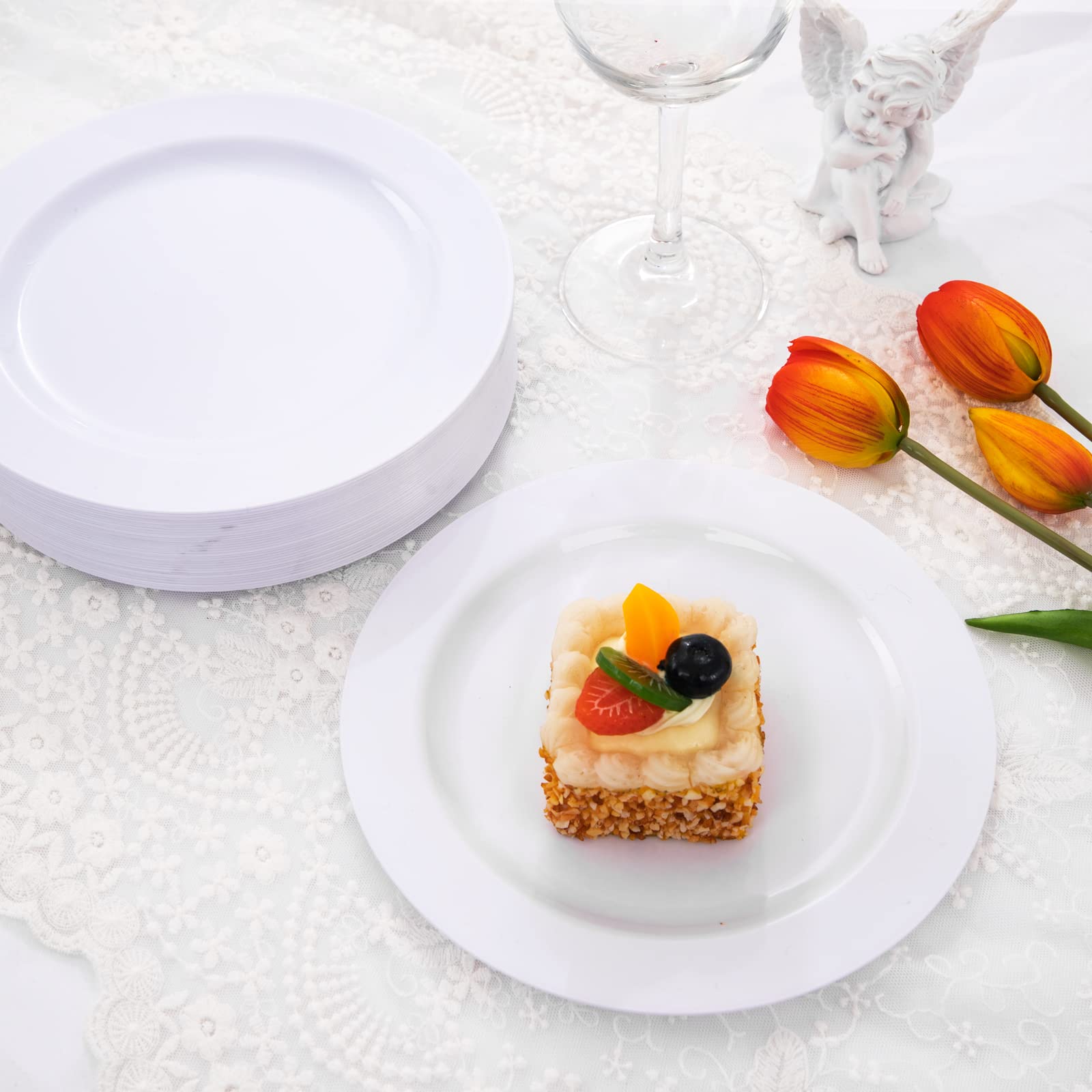 WELLIFE 200 Pieces White Plastic Dessert Plates with Gold Disposable Forks, Premium Hard Plastic Dessert Plates 7.5β, Appetizer Plastic Plates for Christmas, Wedding, Party