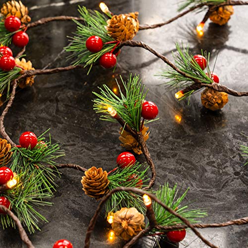 FUNPENY Christmas PineCones String Lights, 6.56Ft 20 LED Pine Needles Red Berries Fall Light Garland, Indoor Outdoor Decor for Thanksgiving Christmas Autumn Themed Party Decorations
