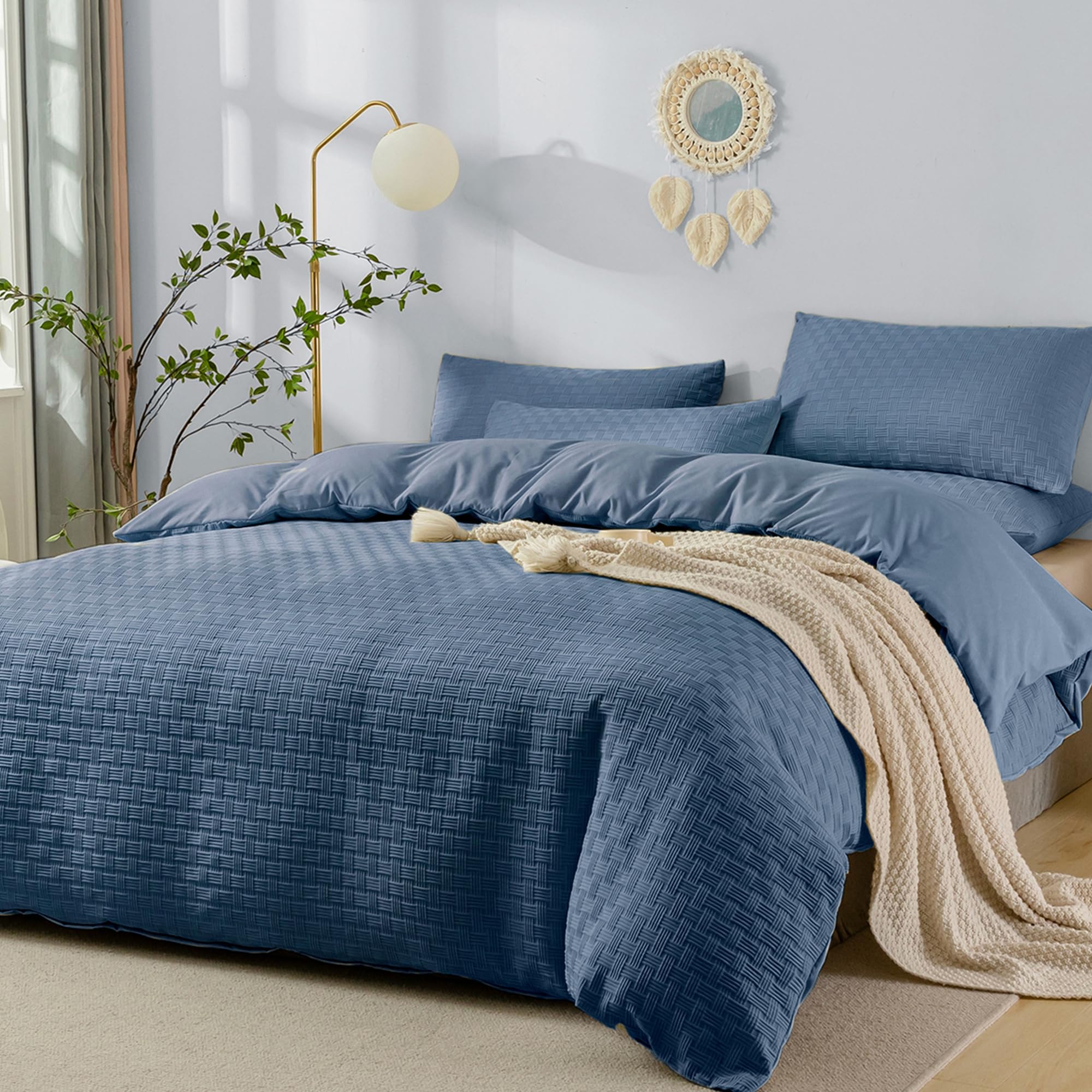 JELLYMONI Blue Duvet Cover Full Size - 3 Pieces Soft and Breathable Microfiber Knitted Jacquard Waffle Weave Striped Comforter Cover with 8 Corner Ties & Zipper Closure