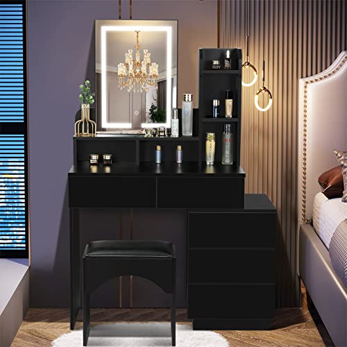 SMOOL Vanity Desk with Lighted Mirror - Makeup Vanity Table with 3 Color Lighting Modes Adjustable Brightness, Makeup Desk with Movable 3-Drawer Chest and Shelves, Vanity Set for Bedroom Studio, Black