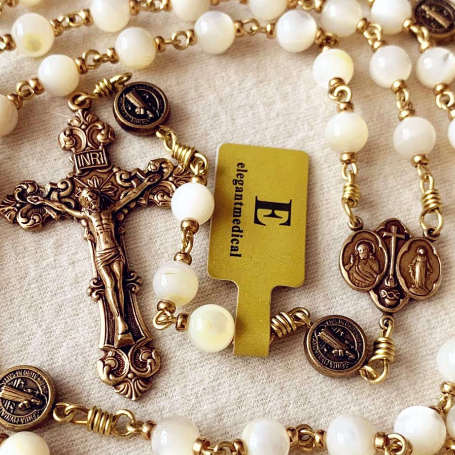 elegantmedical HANDMADE COPPER CATHOLIC ROSARY Moonlight Mother of Pearl Beads necklace Crucifix Cross gift box Gift