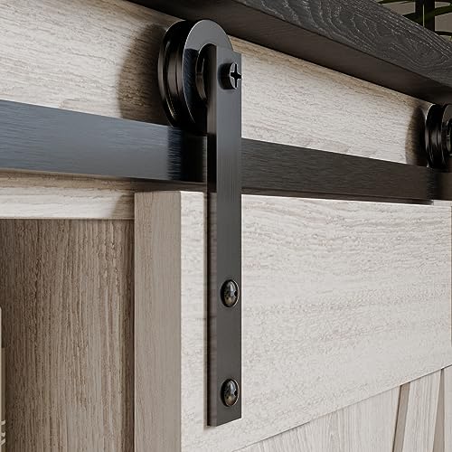 OLD CAPTAIN 32" Farmhouse Coffee Bar, Wooden Coffee Bar Cabinet with Sliding Barn Door, Kitchen Storage Cabinet with Adjustable Storage Shelves for Kitchen, Dining, Living Room (White)