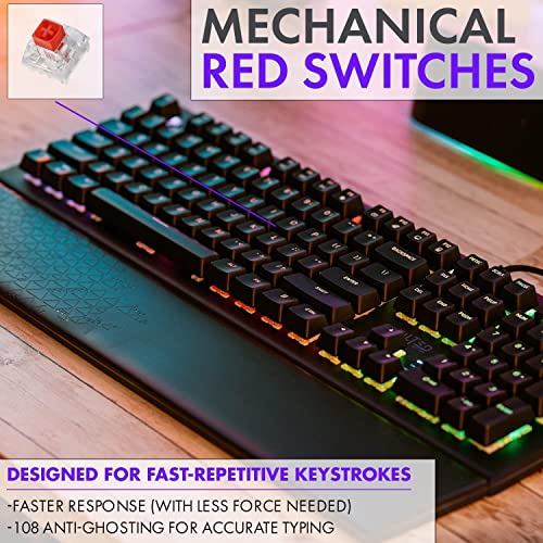 Tilted Nation RGB Keyboard, Gaming Mechanical Keyboard with Volume Control Knob and Magnetic Removable Wrist Rest - Perfect Gamer Keyboard with Quick Response Red Switches