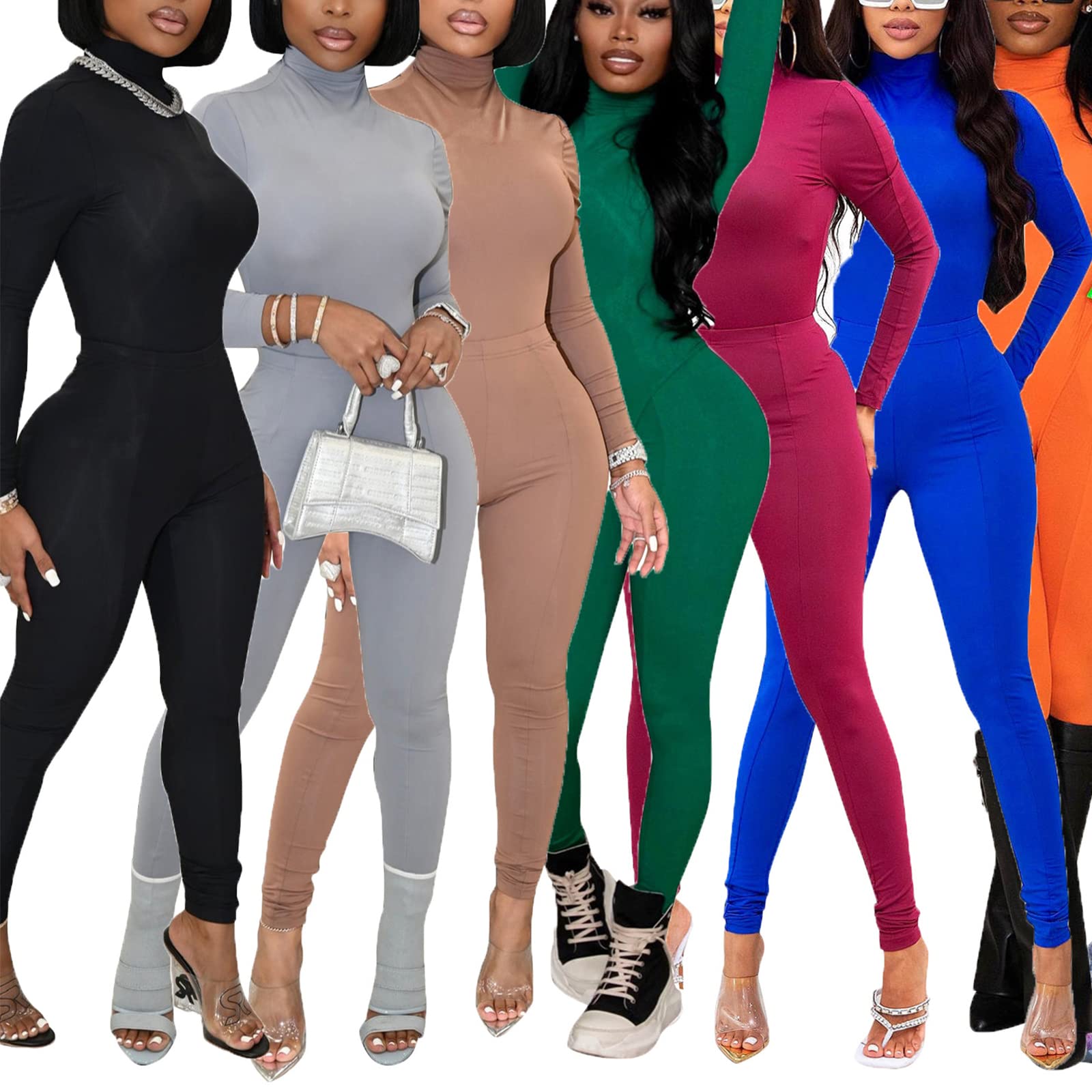 IyMoo Women 2 Piece Outfits Jumpsuit Long Sleeve Mock Neck Bodysuits + Skinny Long Pants Tracksuit Set Black S