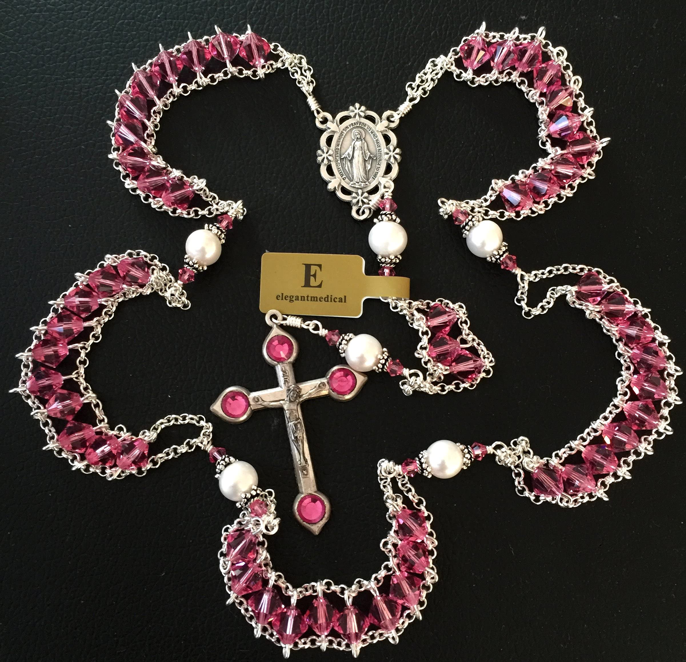 elegantmedical Ladder to Heaven Rose Pink Crystal & AAA10MM Real Pearl BEADS CATHOLIC ROSARY CROSS NECKLACE Sterling Silver beads caps