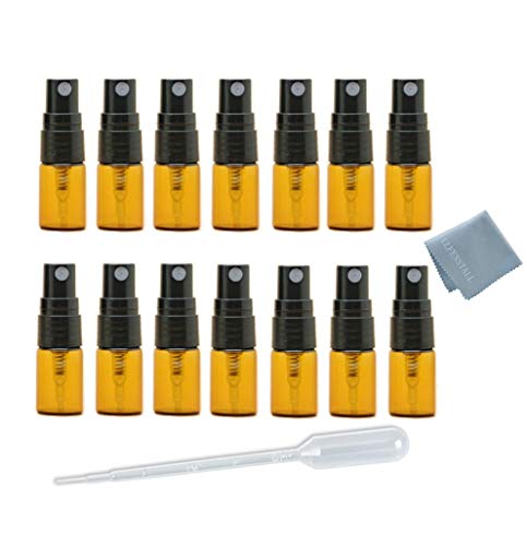 ELFENSTALL- 30pcs 2ml Brown Amber Fine Mist Mini Atomizer Vial Small Glass Bottle Spray Refillable Perfume Empty Sample Bottle Clean Cloth 3ML Pipette Dropper for Travel Party