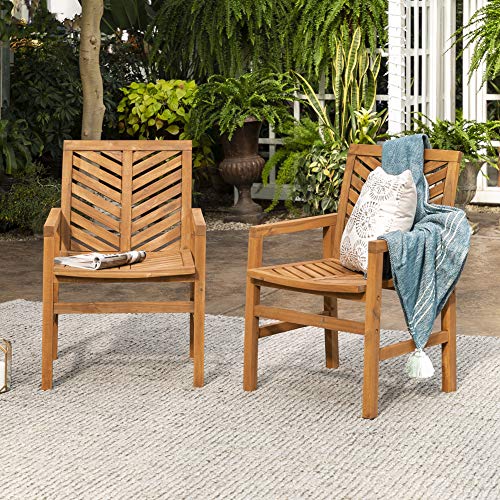 Walker Edison AZW7TXVINBR 6 Person Outdoor Wood Chevron Patio Furniture Dining Set Extendable Table Chairs All Weather Backyard Conversation Garden Poolside Balcony, 7 Piece, Brown
