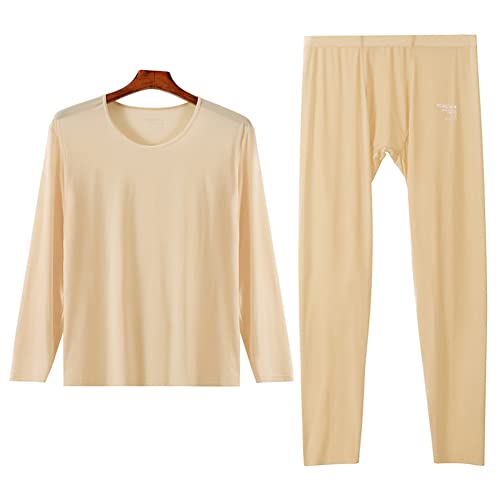 IYUNYI Men's Thermal Underwear Set, Ice Silk Feeling Long Johns, Winter Thin Base Layer Top & Bottom Nude