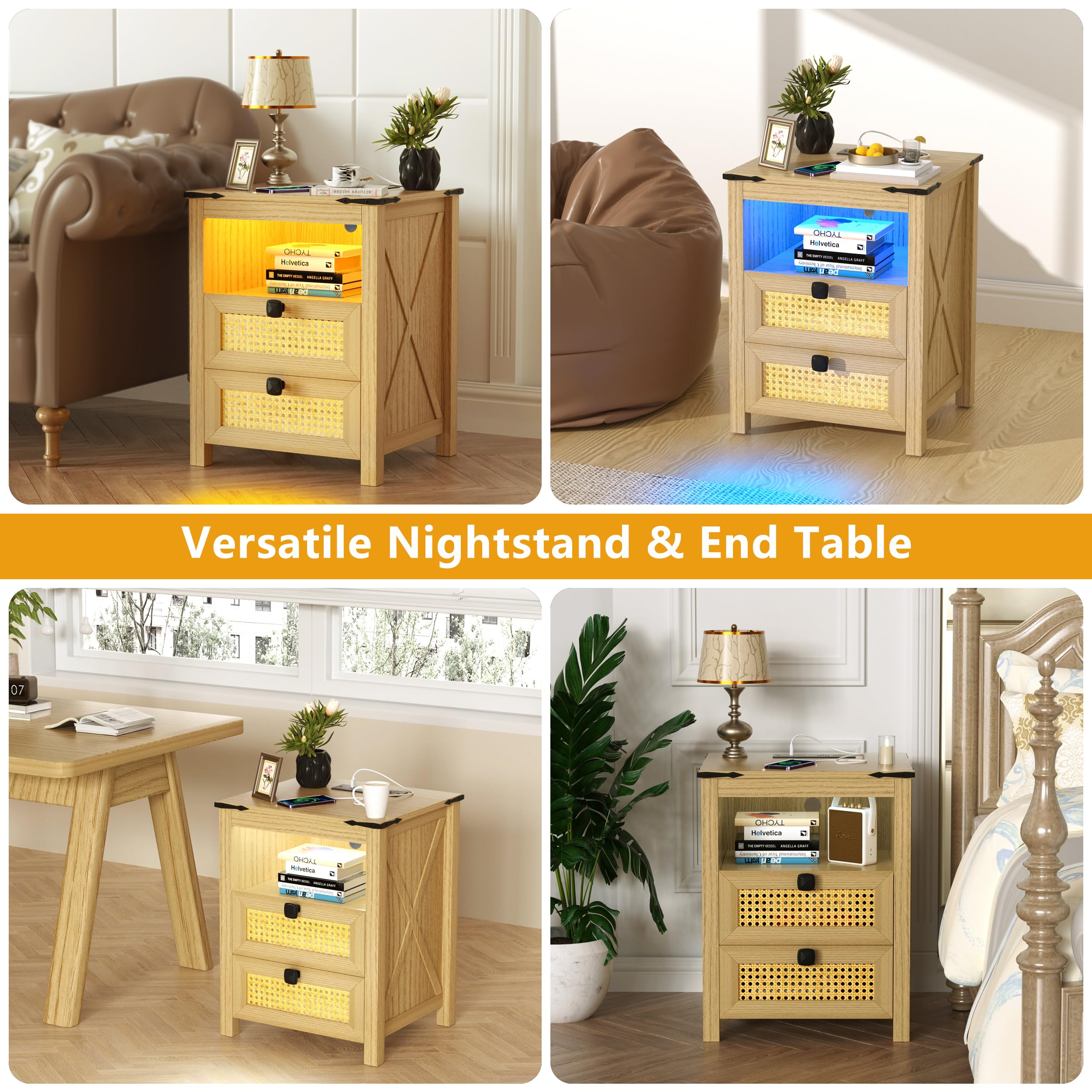 Night Stand with Charging Station, LED Nightstand with Rattan Drawers, Modern Side End Table with Human Sensor Light, Bedside Table for Bed Room Night Stand, Natural Wood (1PCS)