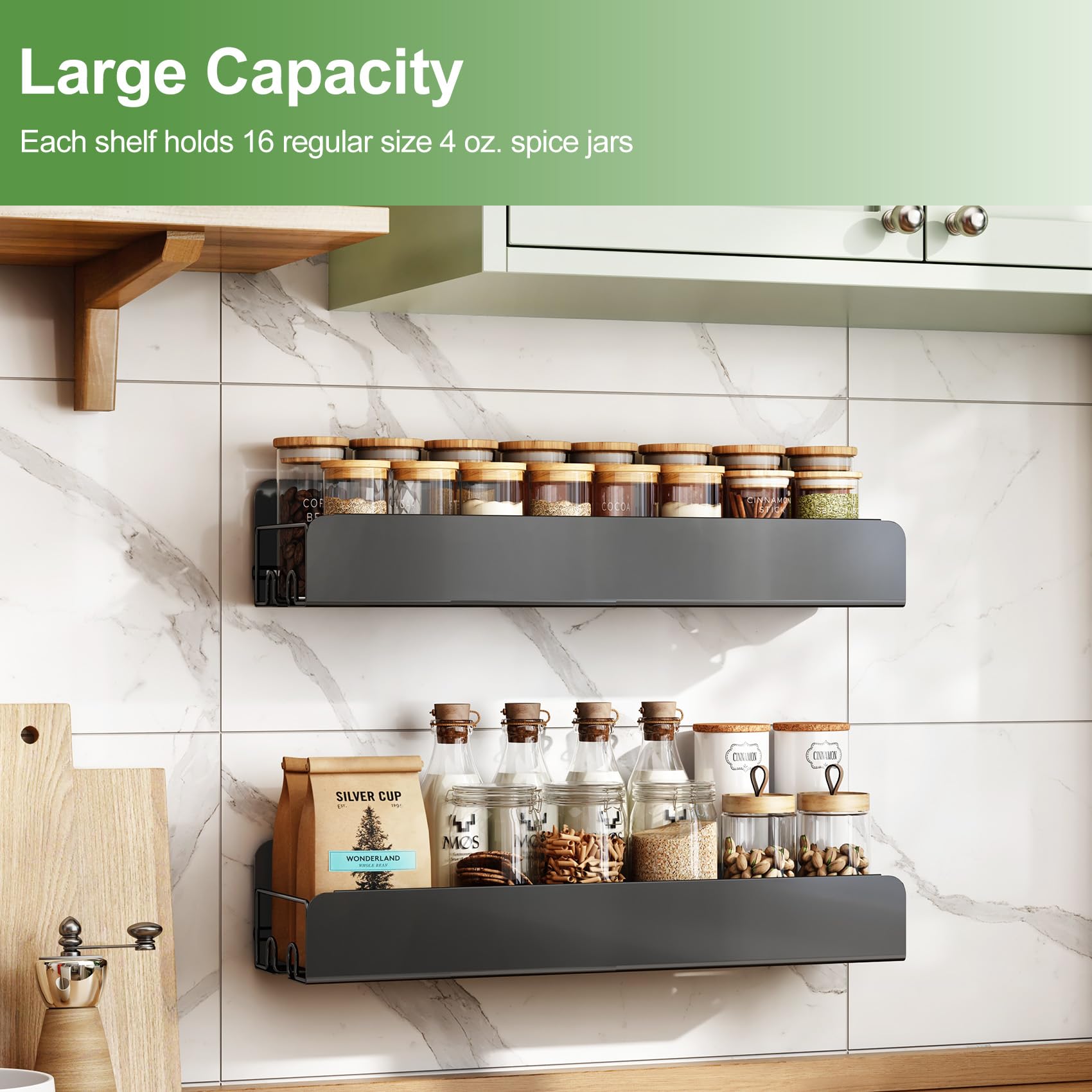 Kitstorack Spice Rack Wall Mount, 2 Pack 15.7" Oversize Spice Rack Organizer without Drilling Large Adhesive Hanging Spice Racks, Kitchen Essentials Home Decor, Black,for Smooth Walls