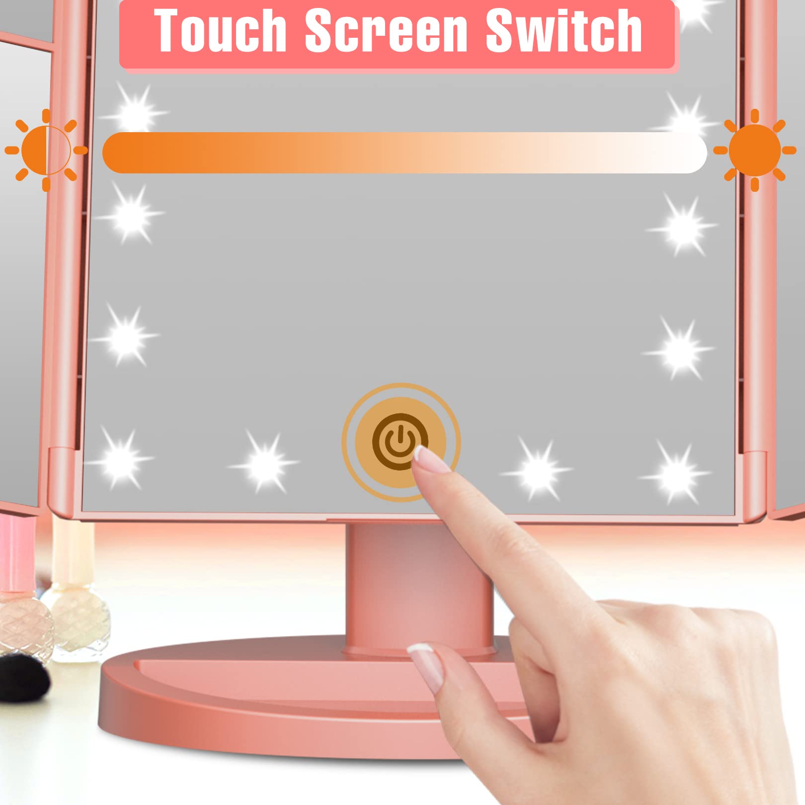 FASCINATE Lighted Makeup Mirror, Feature 21 Bright LED Lights, Dimmable Brightness, One Touch Power Switch, Multiple Magnifying Option (3x/2x/1x) Trifold LED Vanity Mirror, 180 Degrees