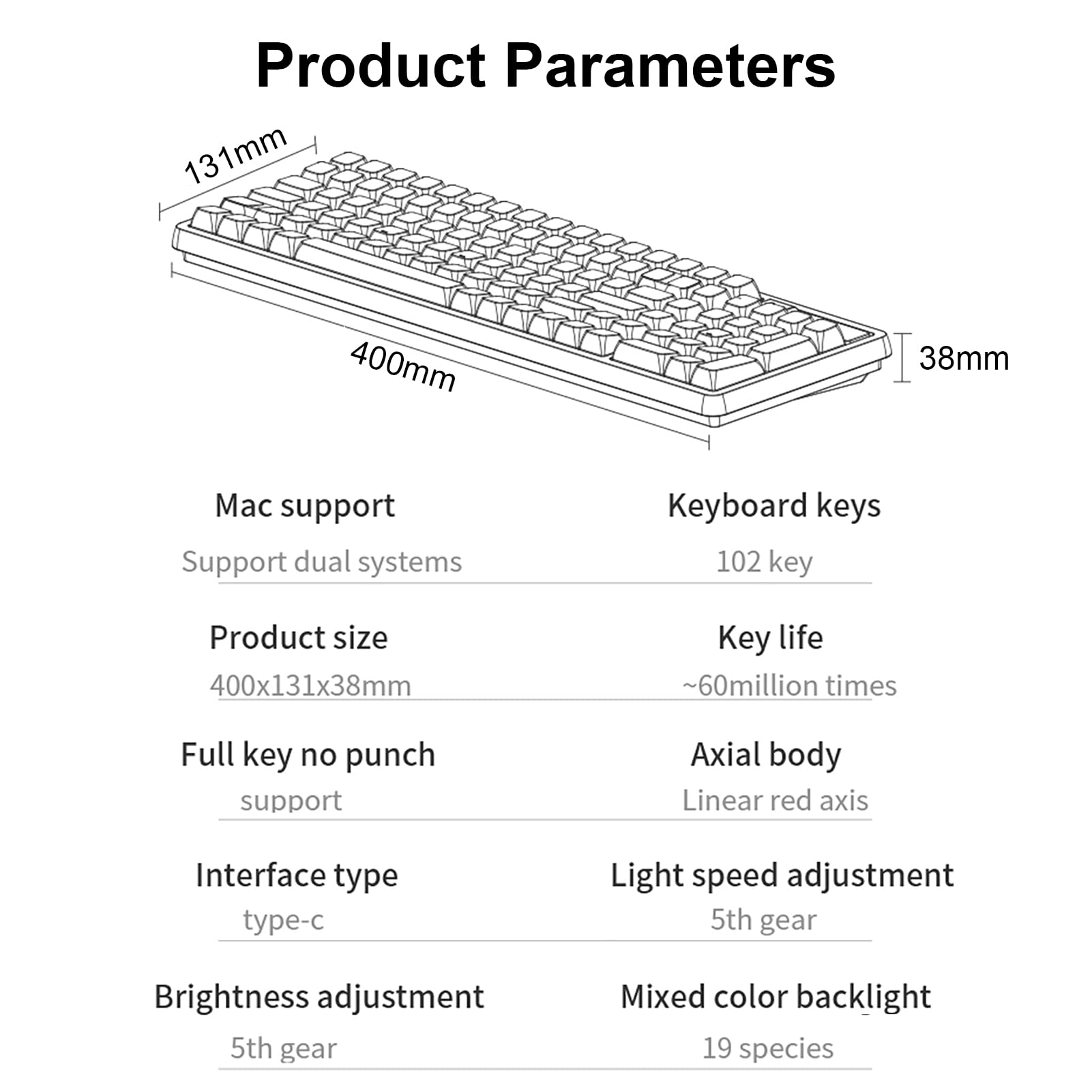 Lomiluskr GK102 Hot Swap Programmable Mechanical Wired Keyboard with Multicolor Backlit, 102 Anti-Ghosting Keys, 2 Colors Keycap, Detachable Cable (Gray&White, Red Switch)