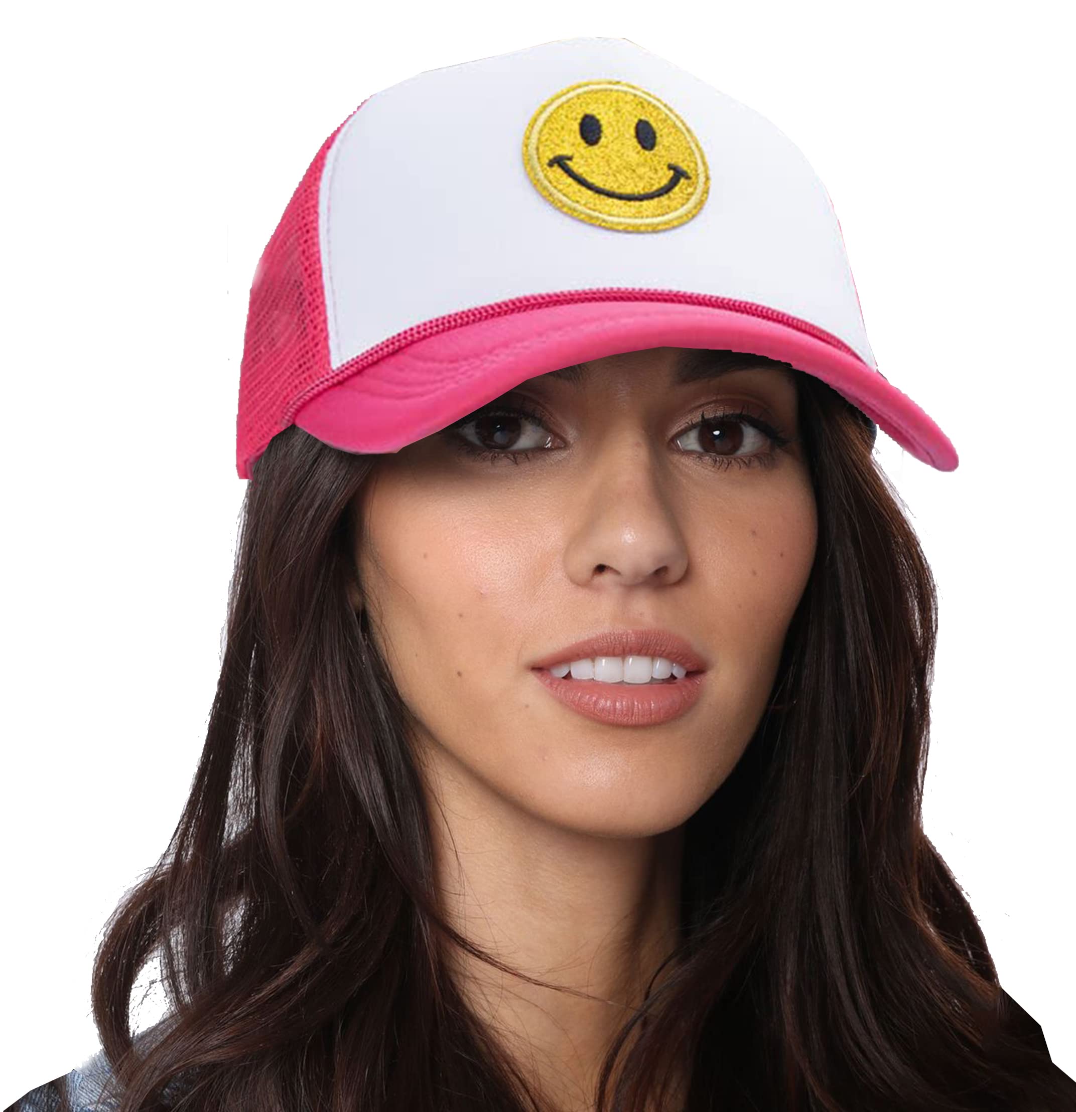IZUS Women Preppy Trucker Hats,Teen Crown-Foam Mesh-Back Baseball Cap,Men Smiley-Face Adjustable Snapback Dad Hat 22"