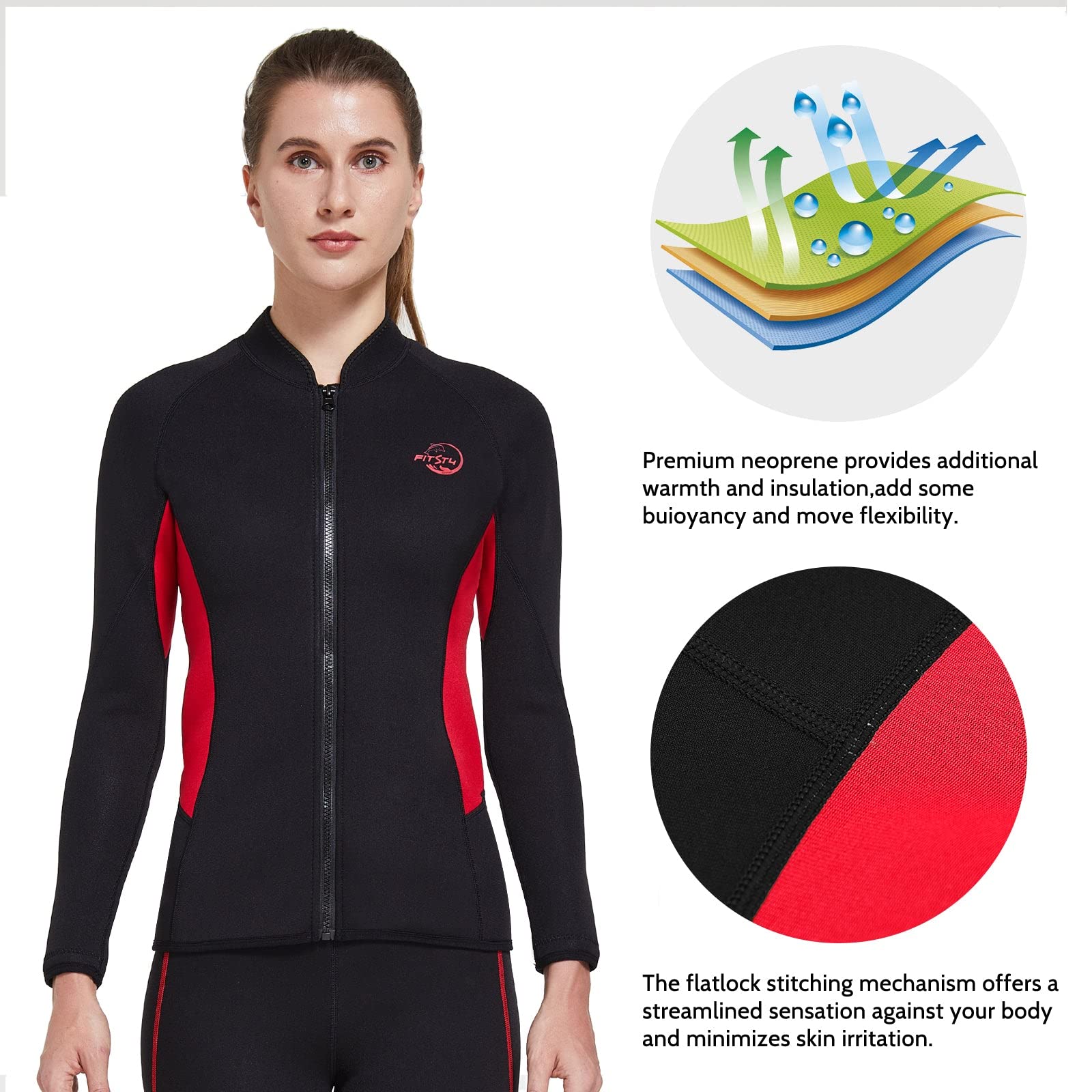 FitsT4 Womens Wetsuit Top 2mm Long Sleeve Neoprene Wetsuit Jacket with Front Zipper for Swimming Diving Surfing Boating Kayaking Snorkeling Red XL