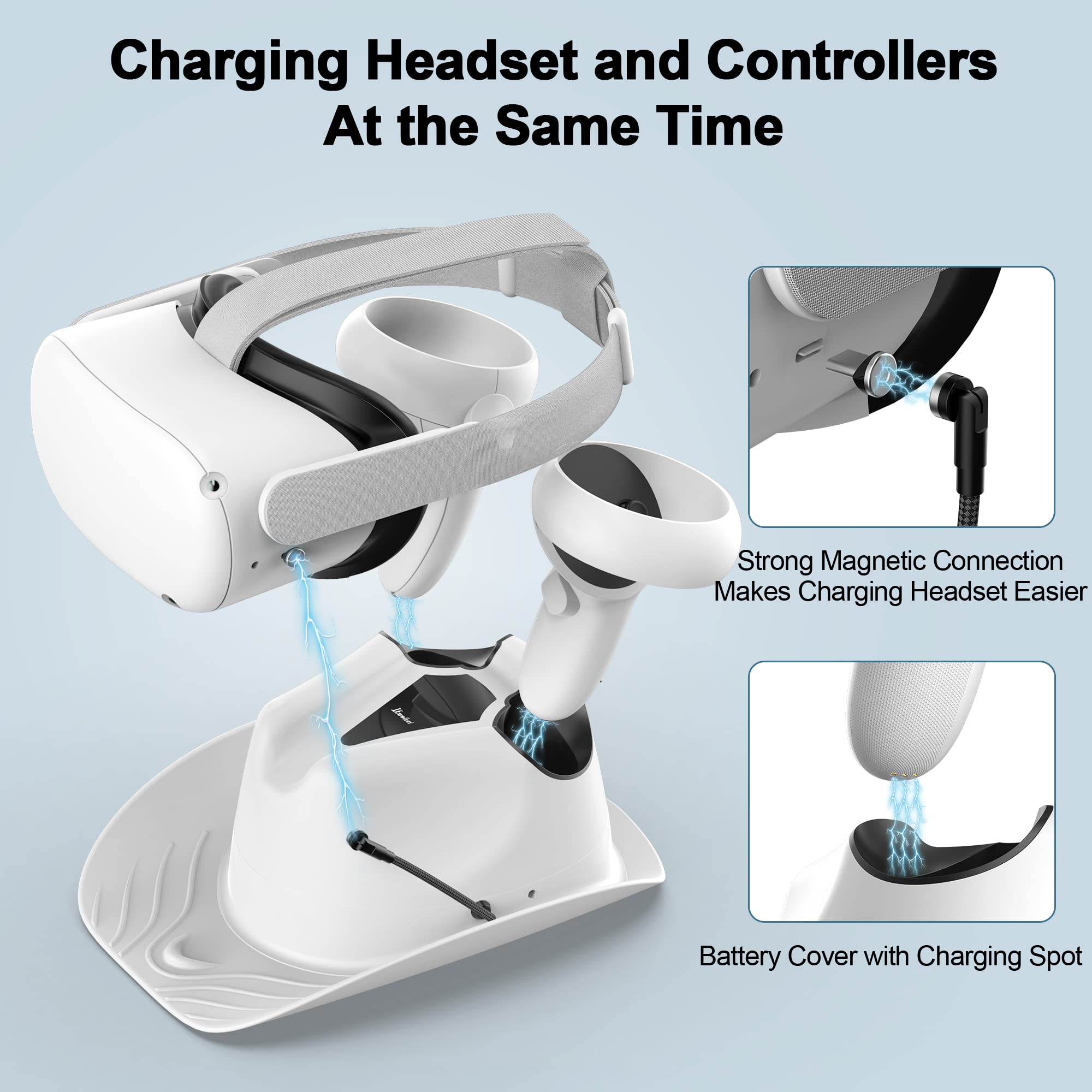 IKWOLETI Charging Dock for Oculus Quest 2, VR Charging Station for Meta Quest 2, Headset Display Holder and Controller Mount with 2 Rechargeable Batteries, USB-C Charger and Magnetic Cable