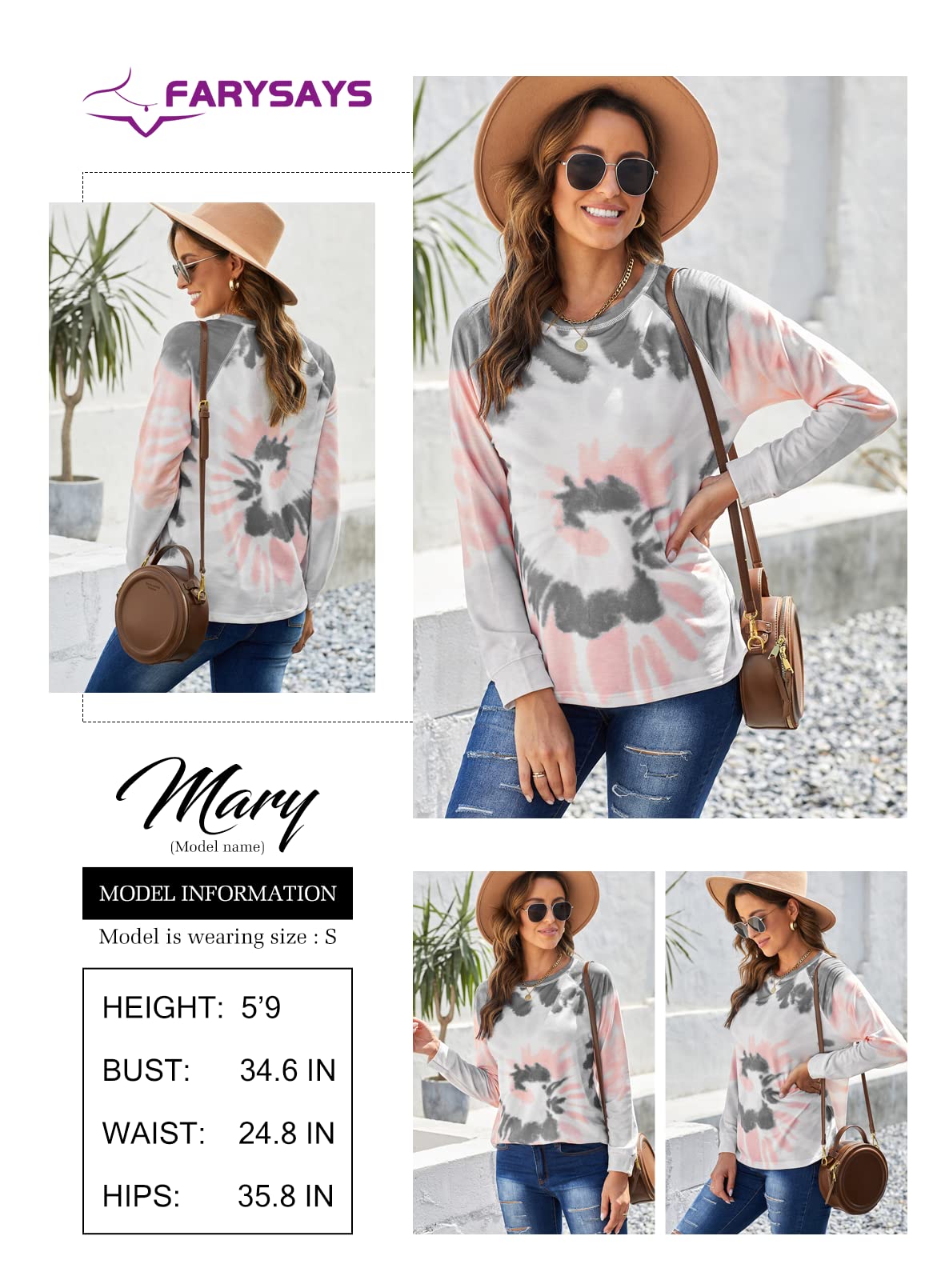 FARYSAYS Women's Casual Color Block Tie Dye Crewneck Long Sleeve Loose Pullover Sweatshirt Tops Multicolored Large