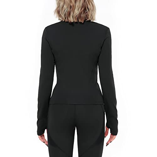 FITTOO Women's Slim Long Sleeves Running Shirts UPF 50+ Full Zip Athletic Jackets with Thumb Holes Black L