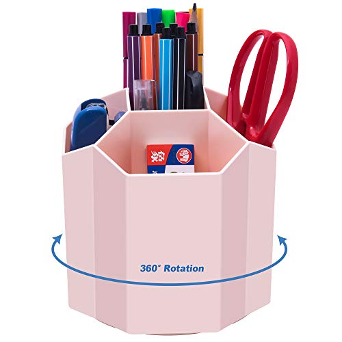 Siveit Pen Holder, 360° Rotating 5 Grid Pen Holder Stand Office Supplies Storage Organize for Desk Cute Pencil Cup Pot for Home, Office, Kids (Peach Pink)