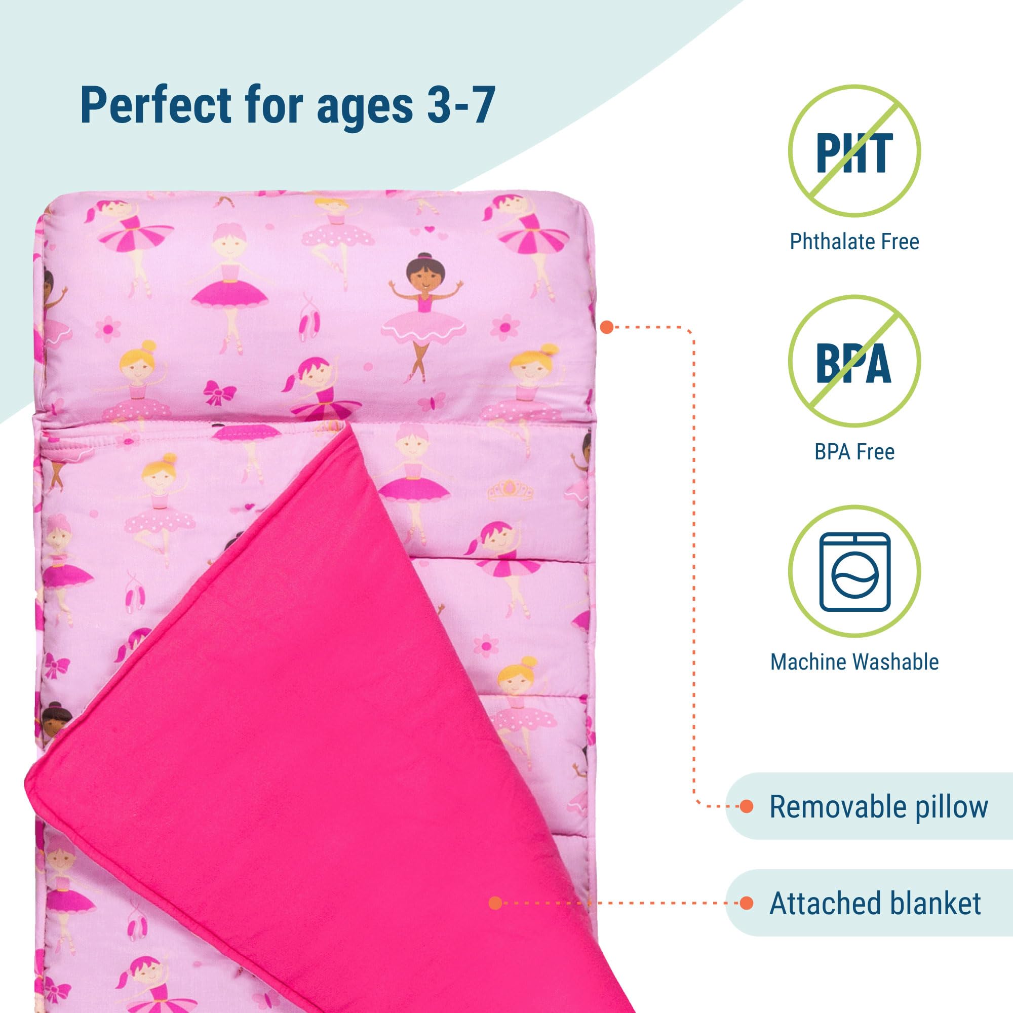 Wildkin Original Nap Mat with Reusable Pillow for Boys and Girls, Perfect for Elementary Sleeping Mat, Features Hook and Loop Fastener, Soft Cotton Blend Materials Nap Mat for Kids (Ballerina)