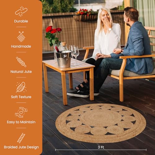Tepo Round Jute Rug 3 ft, Braided Area Rug for Kitchen, Living Room and Bedroom, 100% Natural Rustic Hand Woven Rug, Round Woven Rug